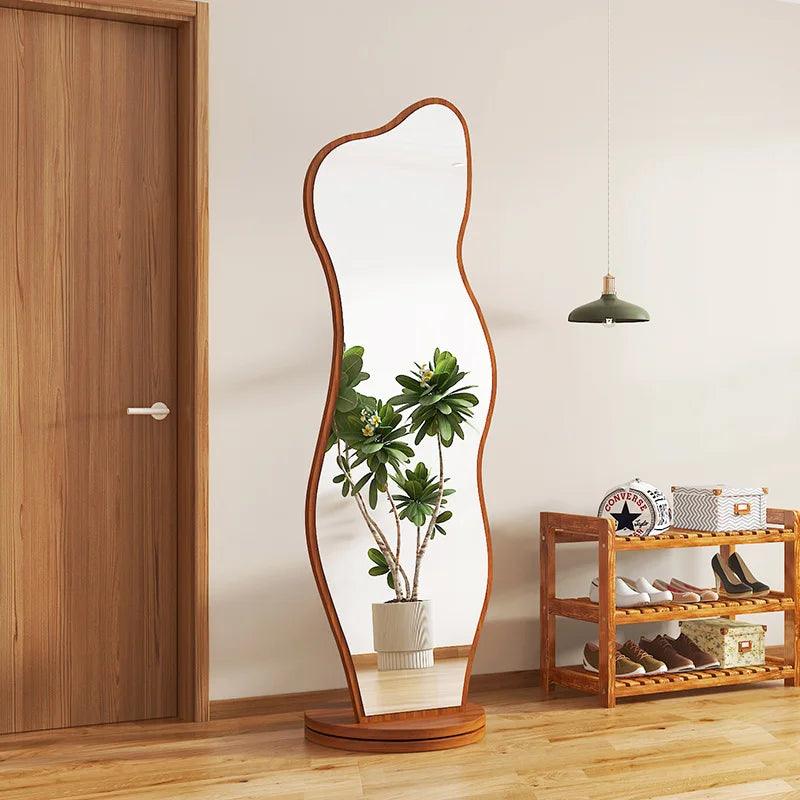 Luxury Nordic Glass Special-Shaped Wall Mirrors with Rotating Wood Fra ...